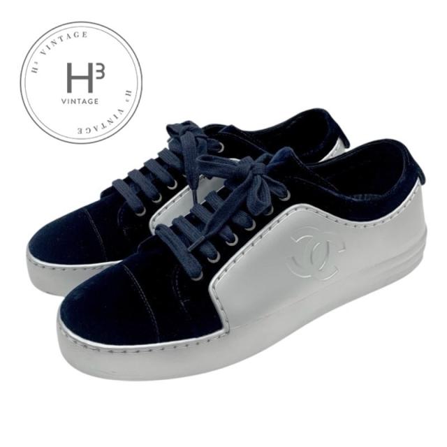 シャネル CHANEL スニーカー 靴 シューズ ベロア レザー シルバー ネイビー ココマーク