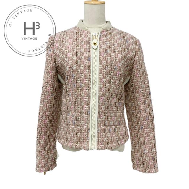 未使用 ルイヴィトン LOUIS VUITTON ツイード アウター ジャケット ジップアップ LVロゴ ウール ピンク ホワイト