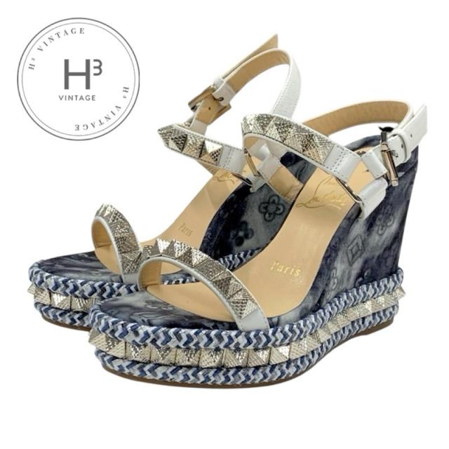 クリスチャンルブタン Christian Louboutin ピラクロウ サンダル 靴 シューズ ファブリック レザー ブルー系 ホワイト シルバー スタッズ