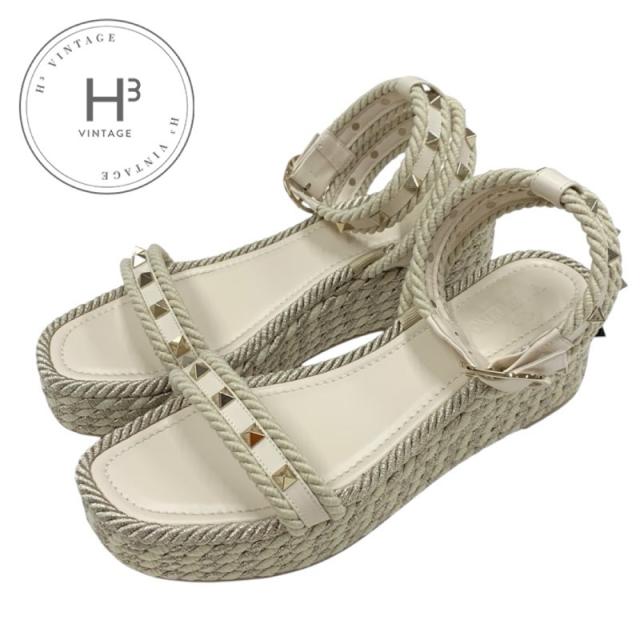 ヴァレンティノ VALENTINO サンダル 靴 シューズ レザー ベージュ ゴールド ロックスタッズ ウェッジソール プラットフォーム