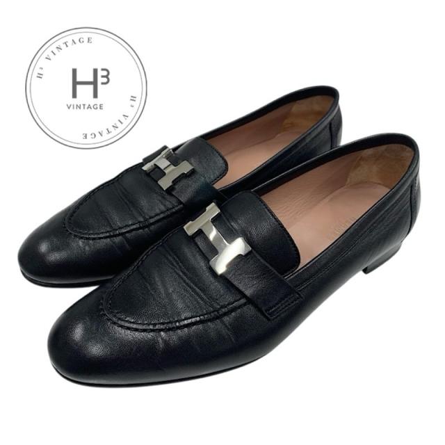 エルメス HERMES パリ ローファー 革靴 靴 シューズ レザー ブラック 黒 シルバー モカシン フラットシューズ H金具