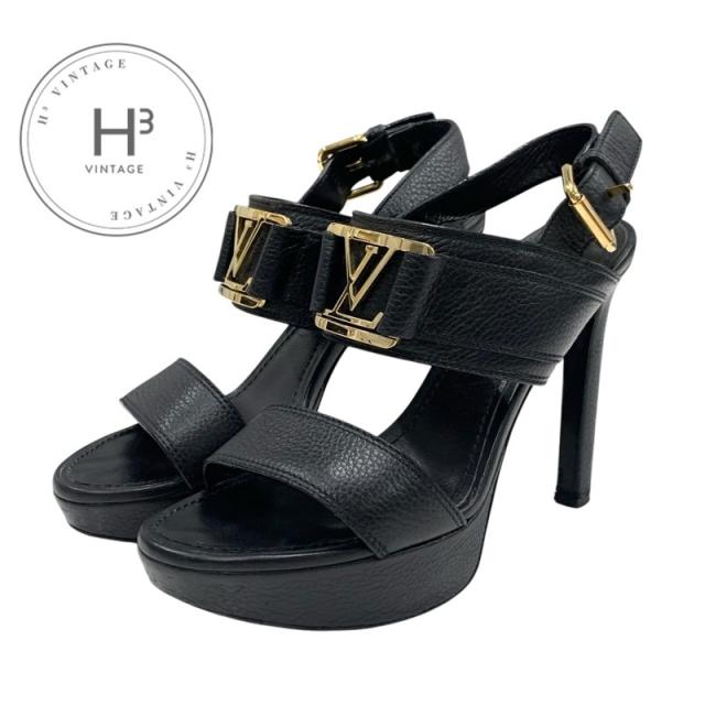 ルイヴィトン LOUIS VUITTON ホライズンライン サンダル 靴 シューズ レザー ブラック 黒 ゴールド LV金具
