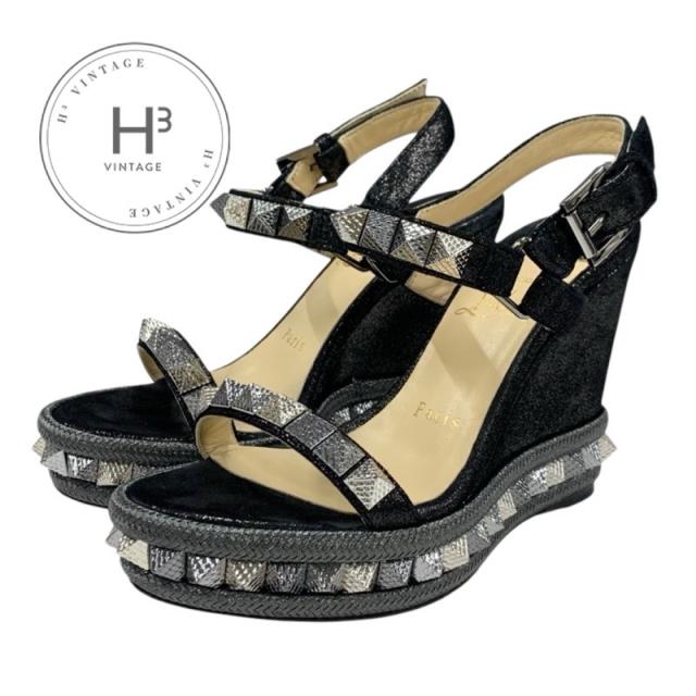 クリスチャンルブタン Christian Louboutin ピラクロウ サンダル 靴 シューズ スエード ブラック 黒 シルバー スタッズ ラメ ウェッジソール