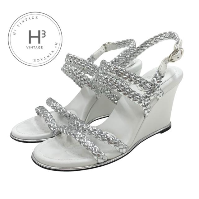 シャネル CHANEL サンダル 靴 シューズ レザー シルバー ホワイト ココマーク ストラップ ウェッジソール