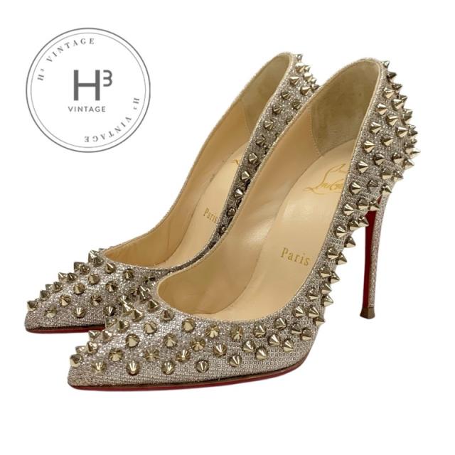 クリスチャンルブタン Christian Louboutin パンプス 靴 シューズ レザー ベージュ ゴールド スパイク スタッズ グリッター