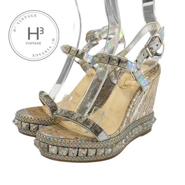クリスチャンルブタン Christian Louboutin ピラリヤド サンダル 靴 シューズ レザー コルク シルバー オーロラ スタッズ ウェッジソール