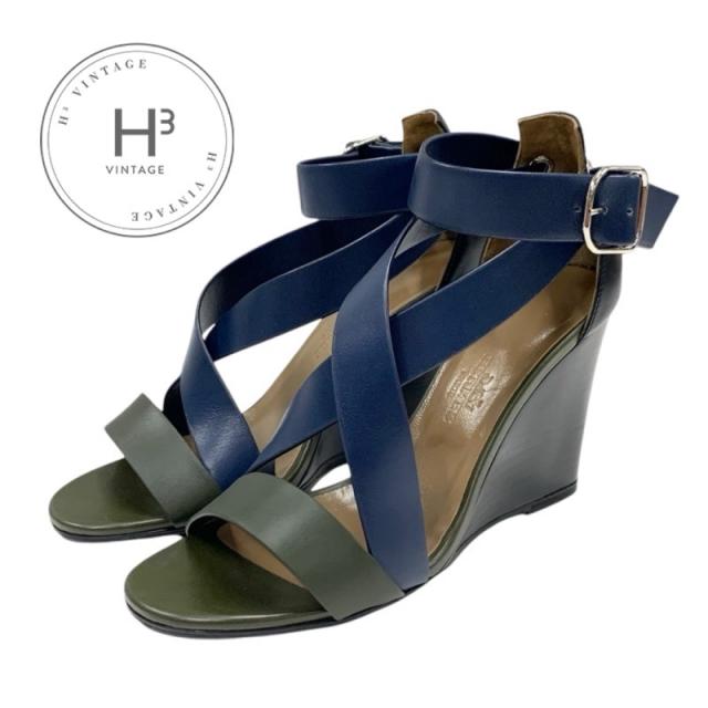 エルメス HERMES サンダル 靴 シューズ レザー ネイビー カーキ ブラック ウェッジソール