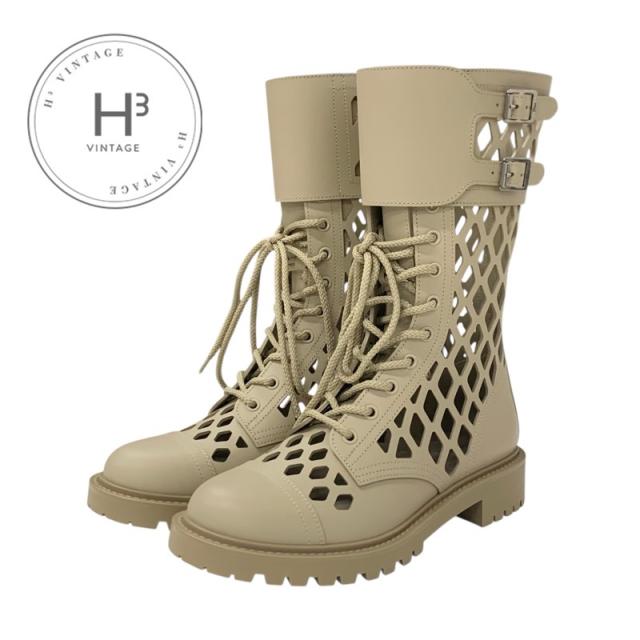 クリスチャンディオール CHRISTIAN DIOR ブーツ ロングブーツ 靴 シューズ レザー ベージュ 未使用 メッシュ レースアップ