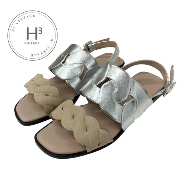 エルメス HERMES グレース サンダル 靴 シューズ レザー スエード シルバー ベージュ ストラップ フラット