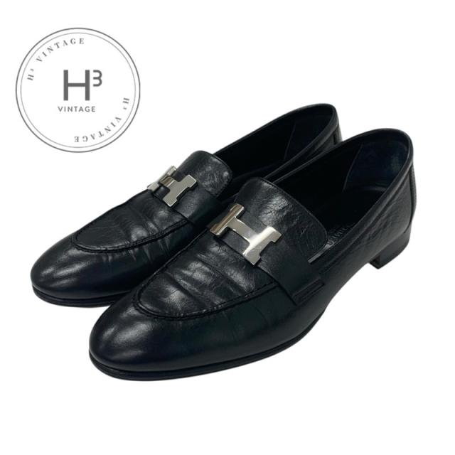 エルメス HERMES パリ ローファー 革靴 靴 シューズ レザー ブラック 黒 シルバー H金具 モカシン フラットシューズ