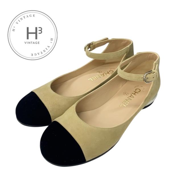 シャネル CHANEL パンプス 靴 シューズ スエード ベロア ベージュ ブラック ココマーク メリージェーン ストラップ