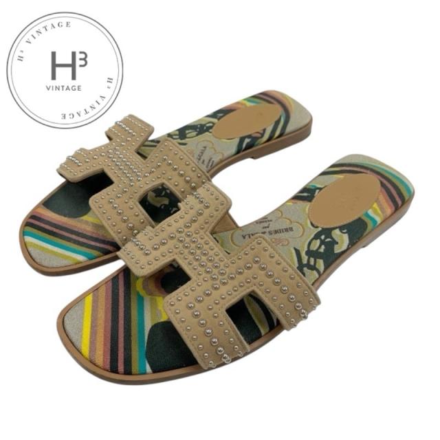エルメス HERMES オラン BRIDES de GALA サンダル 靴 シューズ スエード キャンバス ブラウン マルチカラー フラットサンダル スタッズ