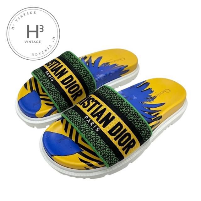 クリスチャンディオール CHRISTIAN DIOR DWAY サンダル 靴 シューズ ファブリック イエロー ブルー グリーン エンブロイダリー ロゴ