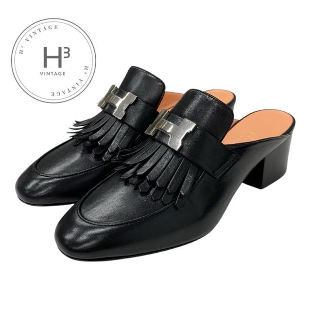 エルメス HERMES チェイルリー ローファー 革靴 靴 シューズ レザー ブラック 黒 シルバー H金具 コンスタンス フリンジ ミュール