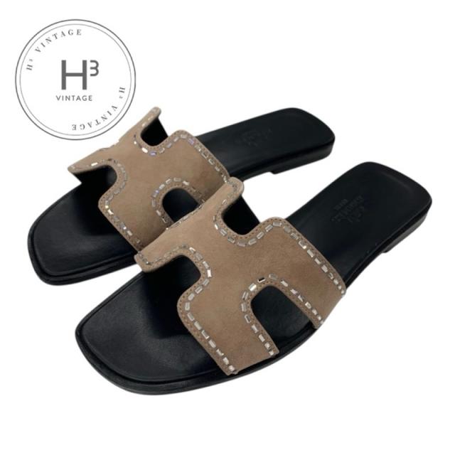 エルメス HERMES オラン サンダル 靴 シューズ スエード ピンクベージュ ミュール フラットサンダル ラインストーン