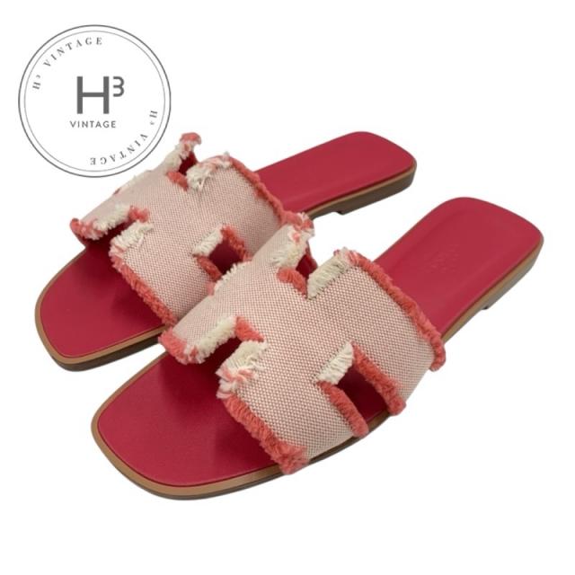 エルメス HERMES オラン サンダル 靴 シューズ ファブリック レザー ピンク フラットサンダル