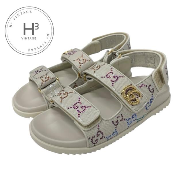 グッチ GUCCI ダブルG サンダル 靴 シューズ ファブリック レザー アイボリー マルチカラー ゴールド GGマーモント ラインストーン