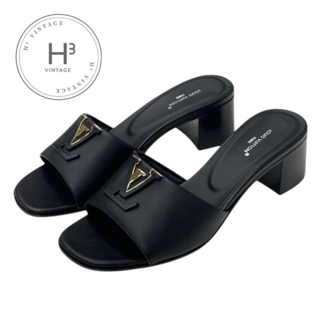 ルイヴィトン LOUIS VUITTON サンダル 靴 シューズ レザー ブラック 黒 ゴールド ロゴ ミュール