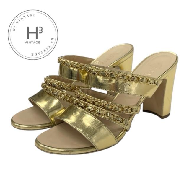 シャネル CHANEL サンダル 靴 シューズ レザー ゴールド ココマーク チェーン