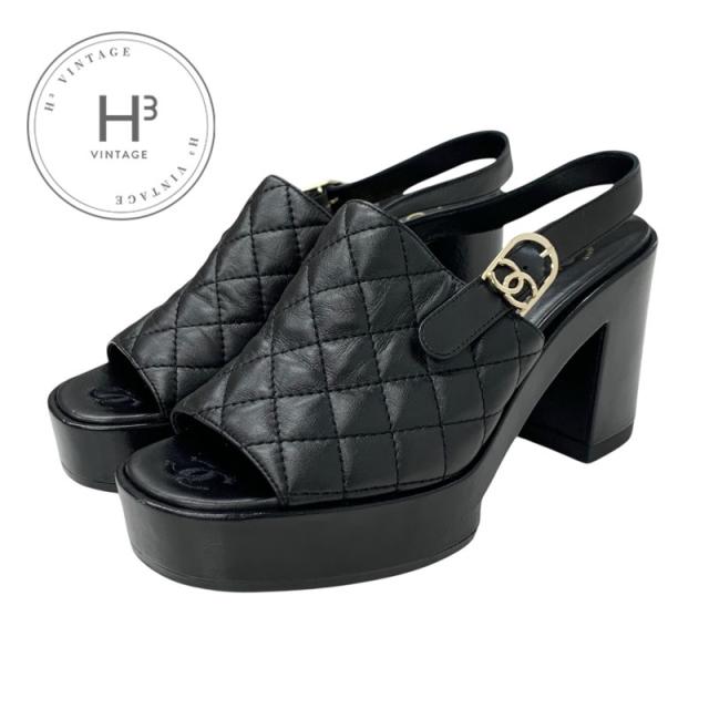 シャネル CHANEL サンダル 靴 シューズ レザー ブラック 黒 マトラッセ ココマーク ストラップ