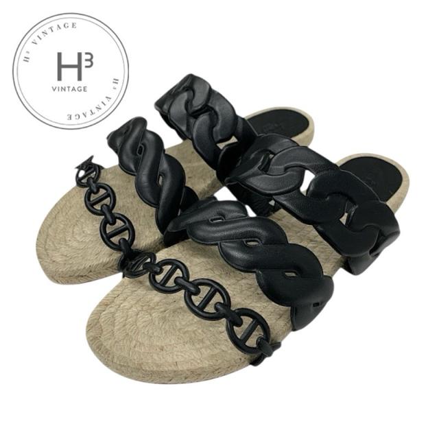 エルメス HERMES グウェン サンダル 靴 シューズ レザー ブラック 黒 エスパドリーユ シェーヌダンクル フラット