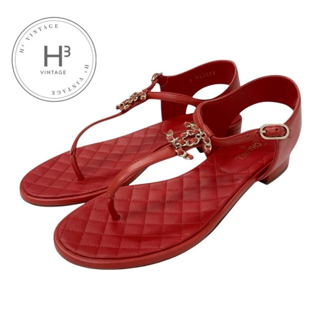 シャネル CHANEL サンダル 靴 シューズ レザー レッド 赤 ゴールド ココマーク チェーン ストラップ トング