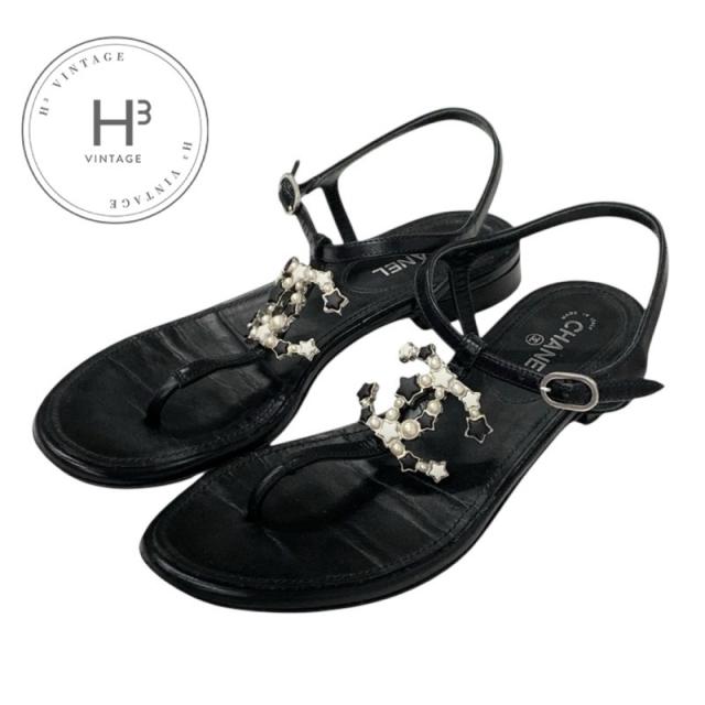シャネル CHANEL サンダル 靴 シューズ レザー ブラック 黒 シルバー ココマーク スター パール ストラップ トングサンダル
