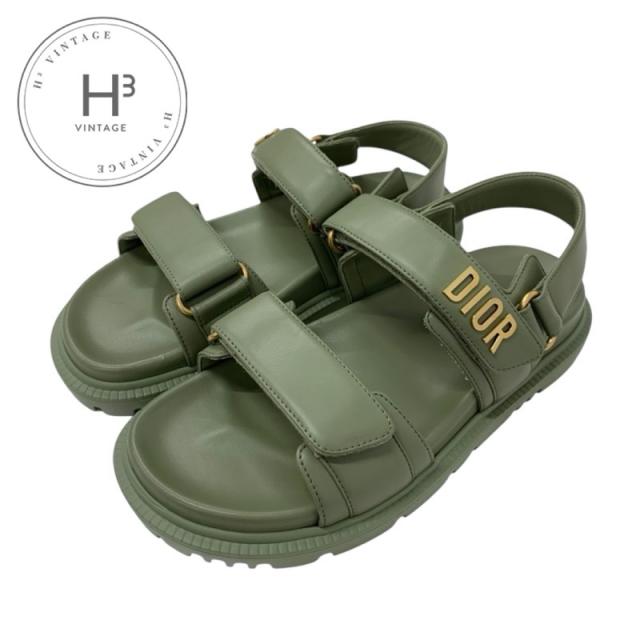 クリスチャンディオール CHRISTIAN DIOR DIORACT サンダル 靴 シューズ レザー グリーン 未使用 ロゴ フラット