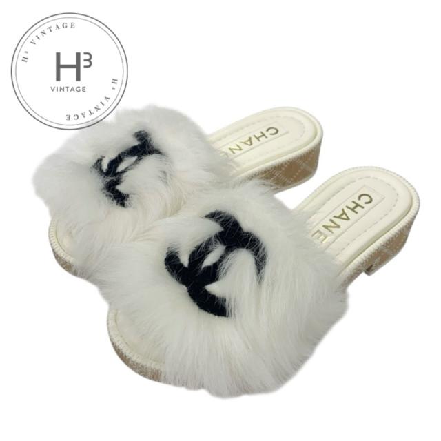 シャネル CHANEL サンダル 靴 シューズ ファー ホワイト ブラック ココマーク ミュール