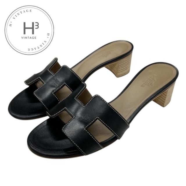 エルメス HERMES オアジス サンダル 靴 シューズ レザー ブラック ミュール