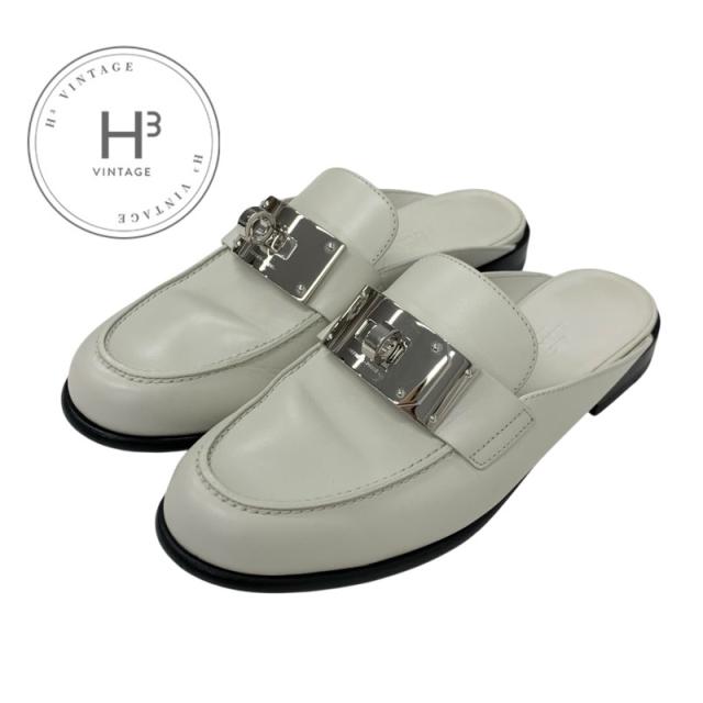 エルメス HERMES イオタ フラットシューズ 靴 シューズ レザー アイボリー シルバー ケリー金具 ミュール スリッパサンダル