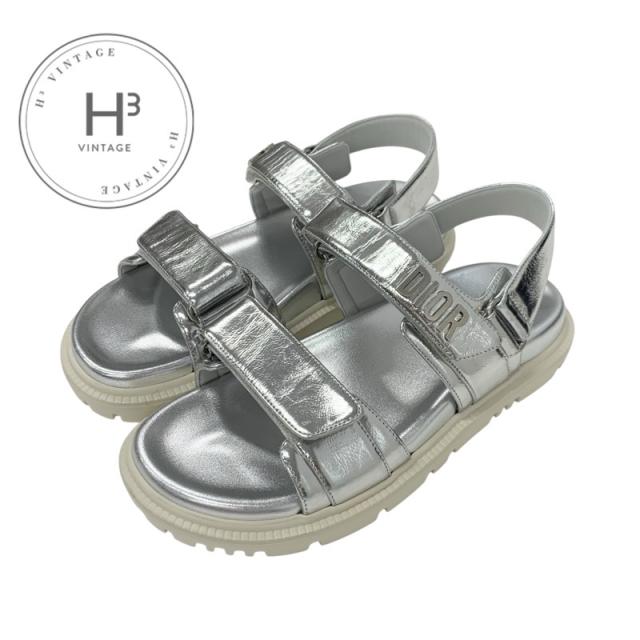 クリスチャンディオール CHRISTIAN DIOR DIORACT サンダル 靴 シューズ レザー メタリックシルバー 未使用 ロゴ ラムスキン