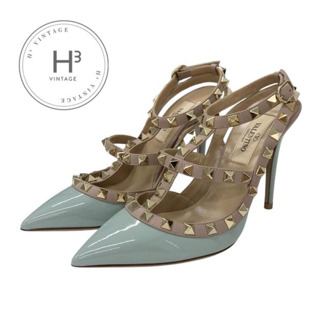 ヴァレンティノ VALENTINO パンプス 靴 シューズ パテント レザー ライトブルー ピンクベージュ ゴールド ロックスタッズ