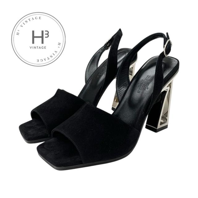 エルメス HERMES クリスタル 105 サンダル 靴 シューズ スエード ブラック シルバー ストラップ