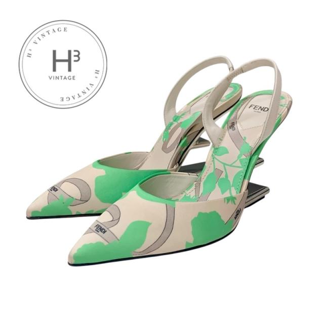 フェンディ FENDI ファースト パンプス 靴 シューズ サテン レザー ホワイト系 グリーン シルバー 未使用 メタルヒール ストラップ