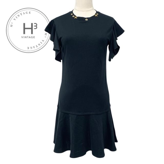 ルイヴィトン LOUIS VUITTON ワンピース コットン ブラック ゴールド モノグラムフラワー フリル