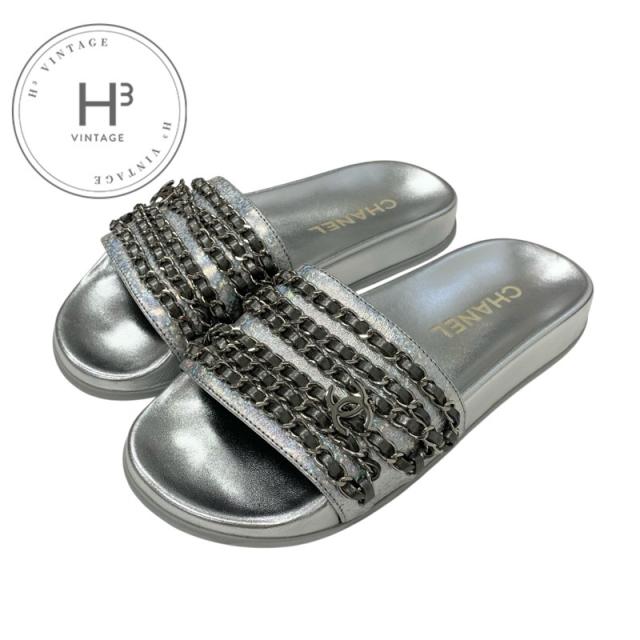 シャネル CHANEL サンダル 靴 シューズ レザー シルバー ココマーク チェーン フラット ミュール