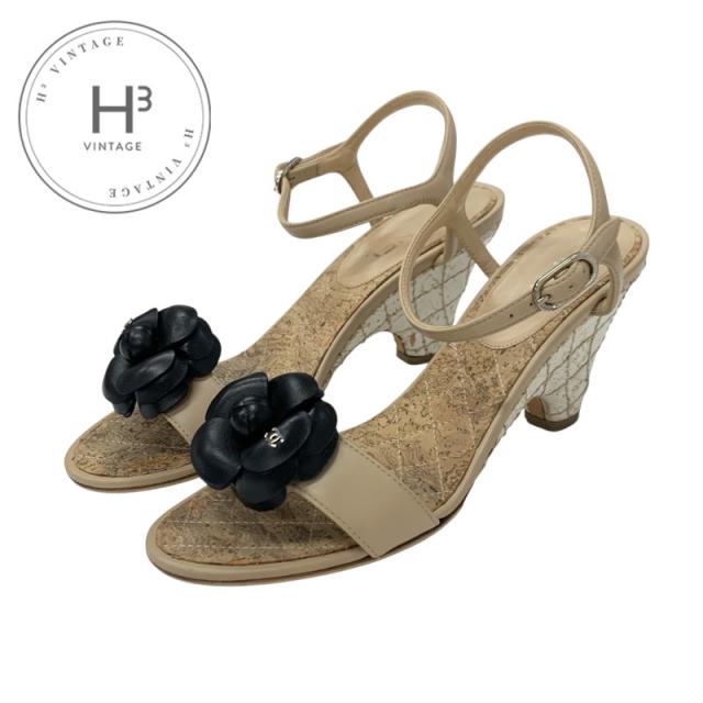 シャネル CHANEL サンダル 靴 シューズ レザー ベージュ ブラック ココマーク カメリア マトラッセ ストラップ