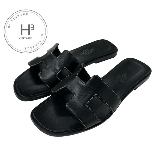 エルメス HERMES オラン サンダル 靴 シューズ レザー ブラック 黒 フラットサンダル ミュール