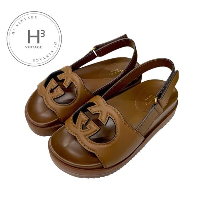 グッチ GUCCI サンダル 靴 シューズ レザー ブラウン ロゴ ベルクロ