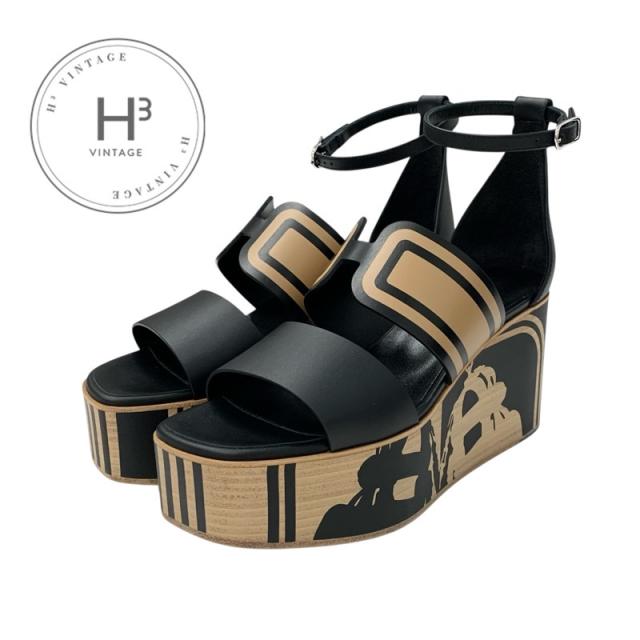 エルメス HERMES カリス サンダル 靴 シューズ レザー ブラック ブラウン 未使用 Brides de Gala Quadri Tattoo ウェッジソール ストラップ