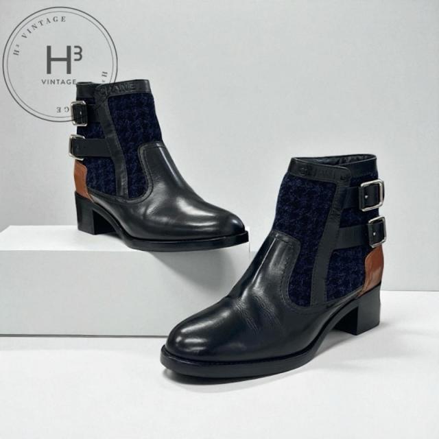 シャネル CHANEL ブーツ ショートブーツ 靴 シューズ ツイード ブラック ネイビー ブラウン ロゴ ベルト