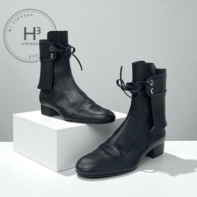 シャネル CHANEL ブーツ ショートブーツ 靴 シューズ レザー ブラック 黒 ココマーク フリンジ