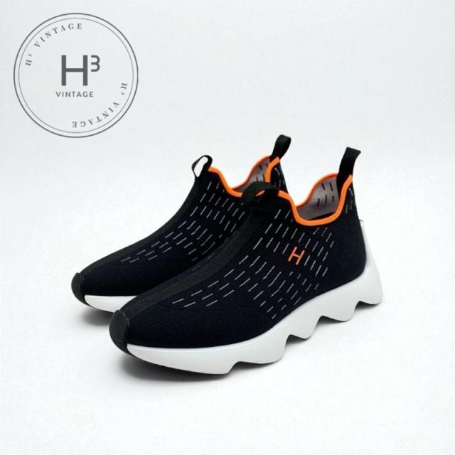 エルメス HERMES エクレール スニーカー 靴 シューズ ファブリック ブラック オレンジ 未使用 Hロゴ