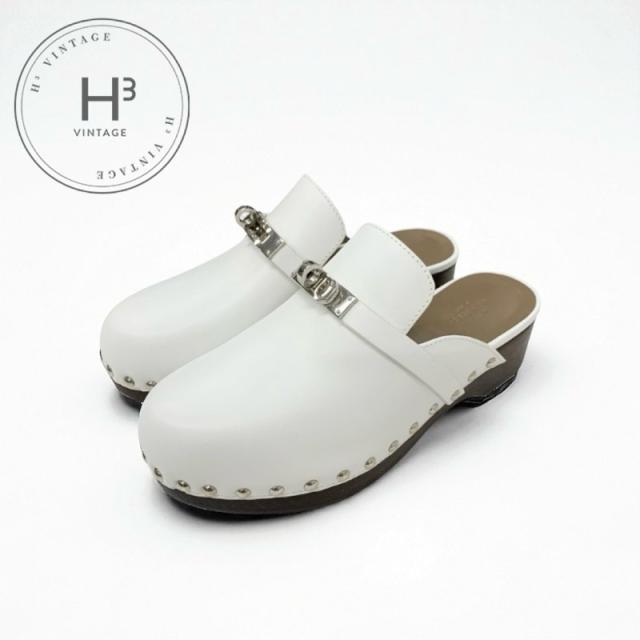 エルメス HERMES カルロッタ サンダル 靴 シューズ レザー ホワイト シルバー ケリー金具 サボ ミュール