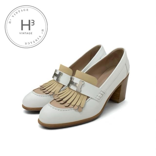 エルメス HERMES エリゼ パンプス 靴 シューズ レザー ホワイト ベージュ シルバー H金具 フリンジ ヒールローファー