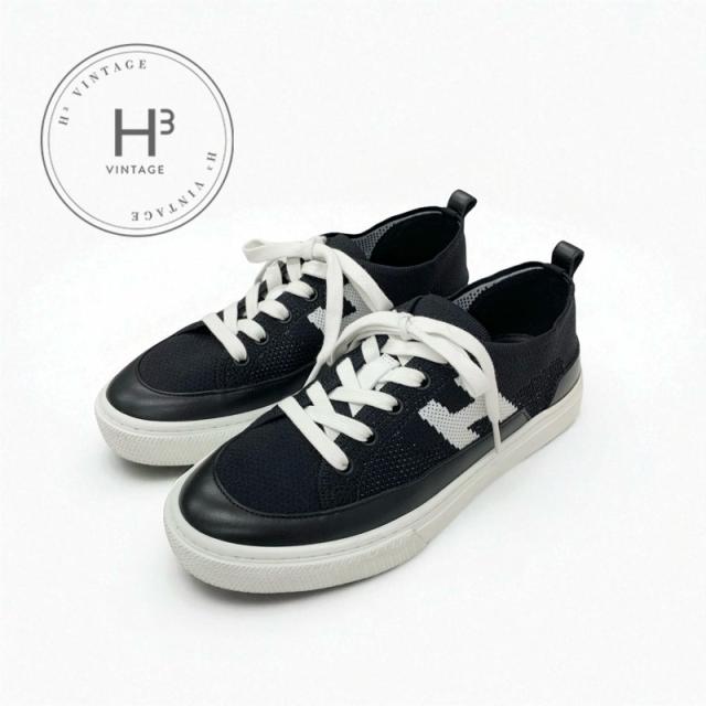 エルメス HERMES ディープ スニーカー 靴 シューズ ニット レザー ブラック ホワイト Hロゴ