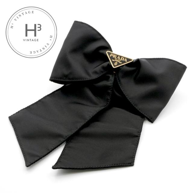 プラダ PRADA ヘアアクセサリー ブラック ゴールド トライアングルロゴ バレッタ リボン Re-Nylon ヘアクリップ