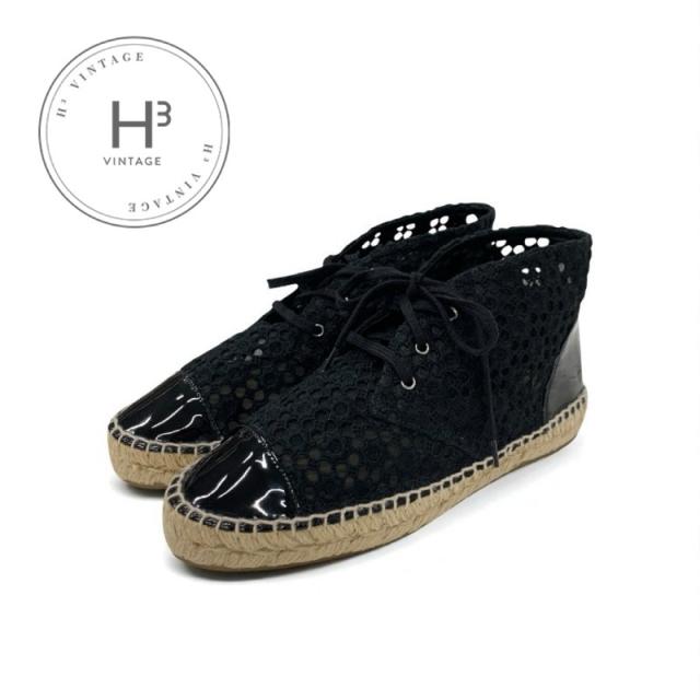 シャネル CHANEL スニーカー 靴 シューズ ファブリック パテント ブラック 黒 ココマーク エスパドリーユ レース