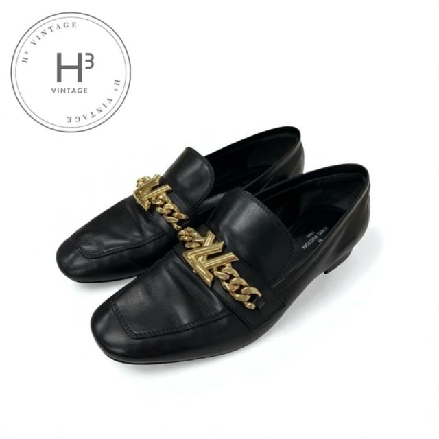 ルイヴィトン LOUIS VUITTON アッパーケースライン ローファー 革靴 靴 シューズ レザー ブラック 黒 ゴールド チェーン ロゴ